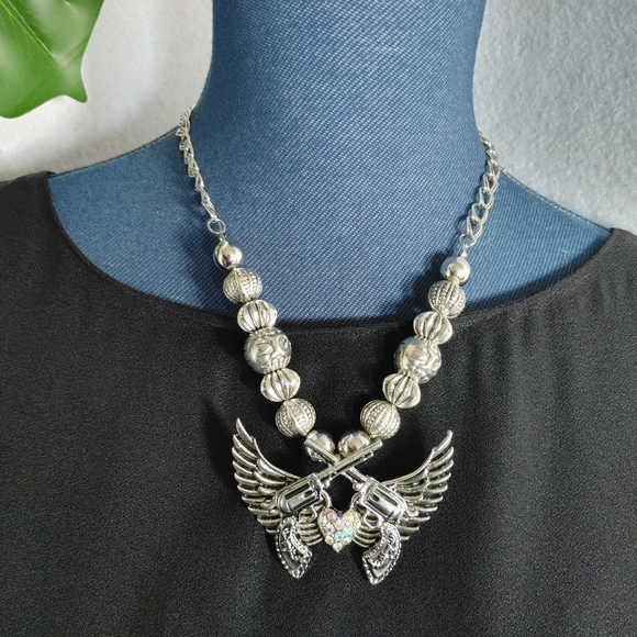 Jewelry | Silver Angel Wings Cross Revolver Guns Necklace Set | Poshmark